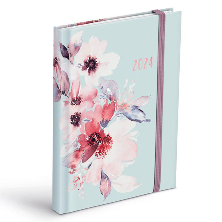 Daffer.sk - Diár denný 2024, Tyrkysový s kvetmi a gumičkou A5